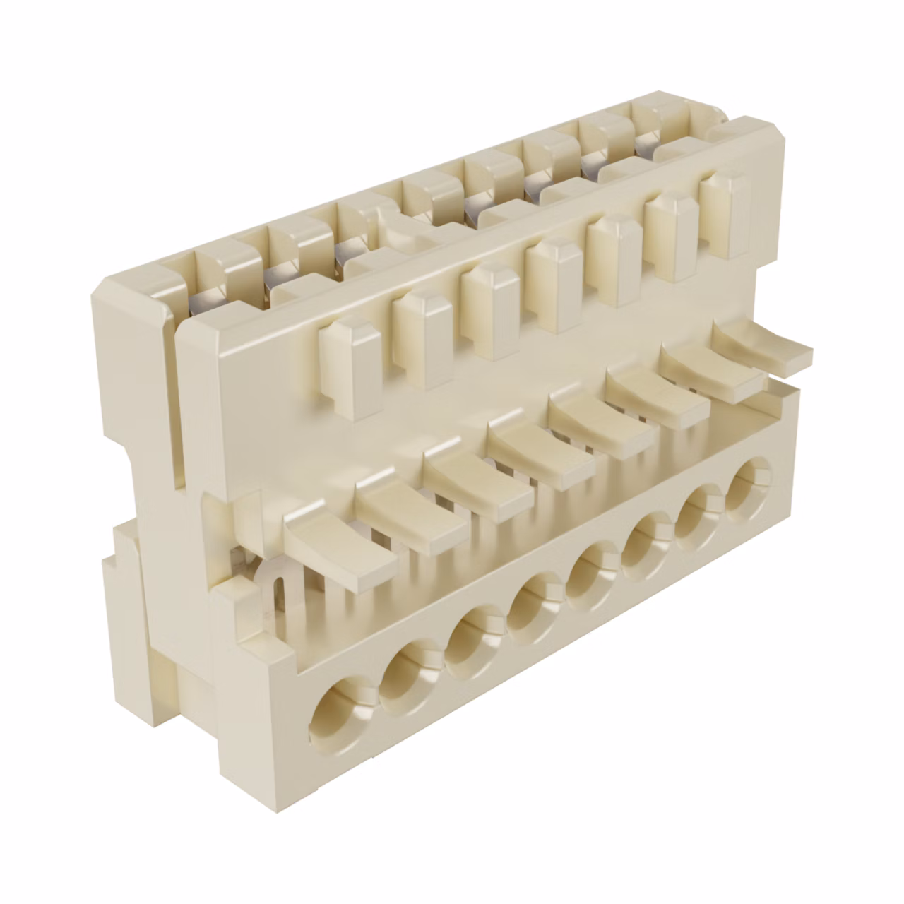 Appli-Mate RAST 2.5 Connector, 2.50mm Pitch, Female, 8 Circuits, Positions A and I Removed, Polarizing Rib Between 7/8, Locking Pips, Open Endwalls, Tin Plating