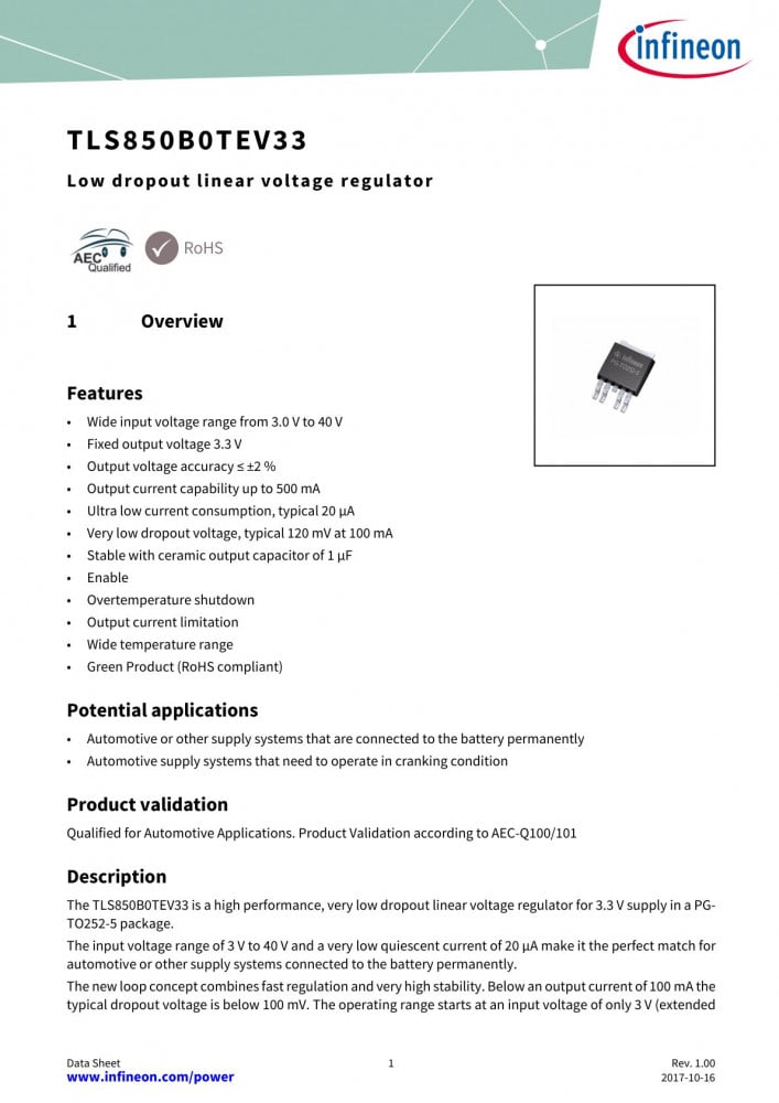 TLS850B0TEV33 datasheet page 1