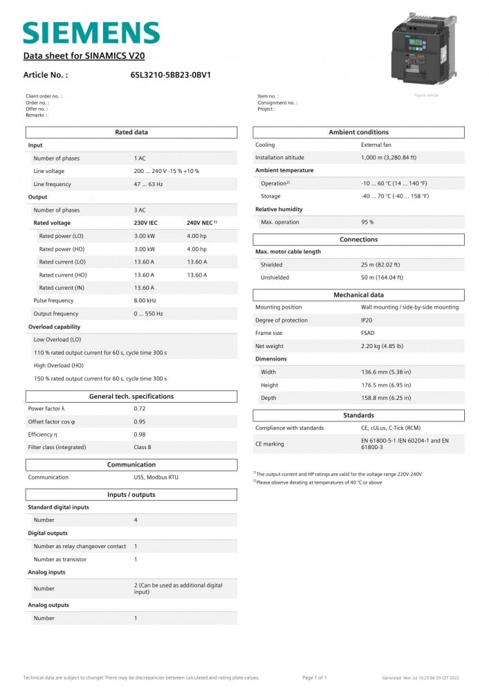 SIEMENS 6SL32105BB230BV1 technical document preview