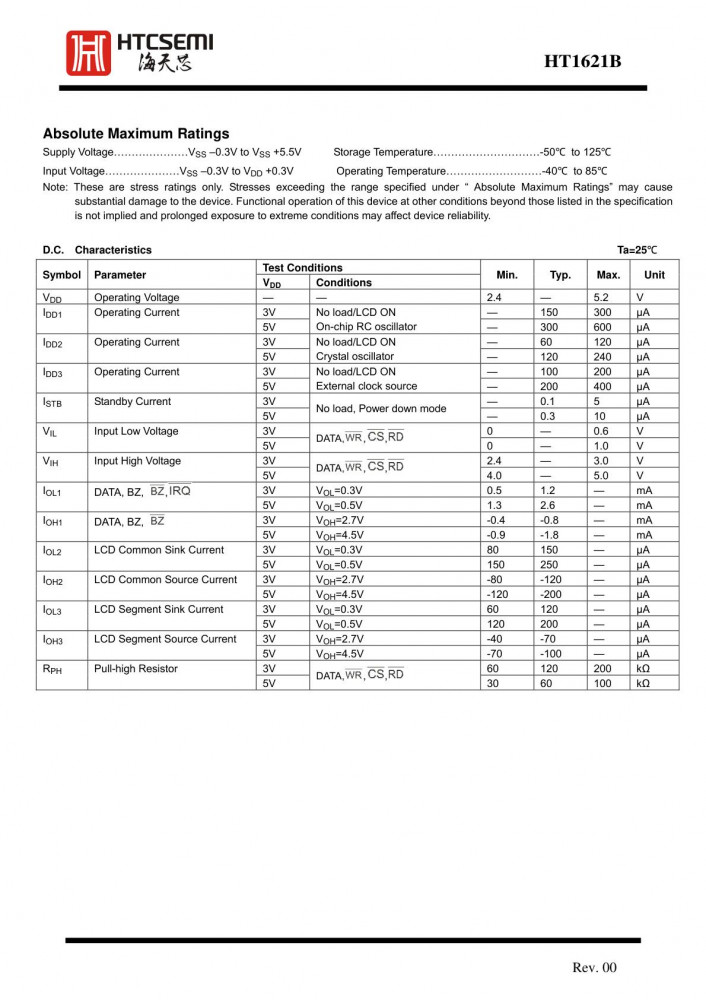 HT1621BRQZ44 datasheet page 3