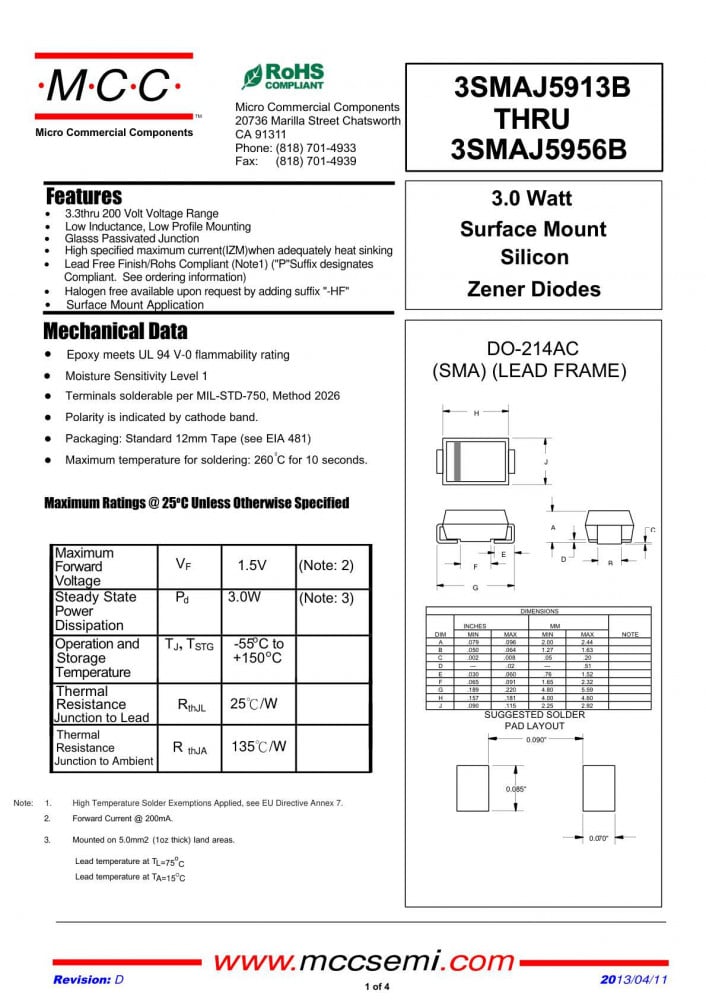 MCC 3SMAJ5929B-TP datasheet page 1