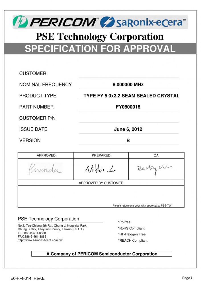 FY0800018 specification page 1