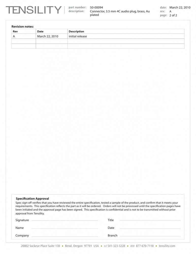 Technical document page 2 for Tensility International 50-00094