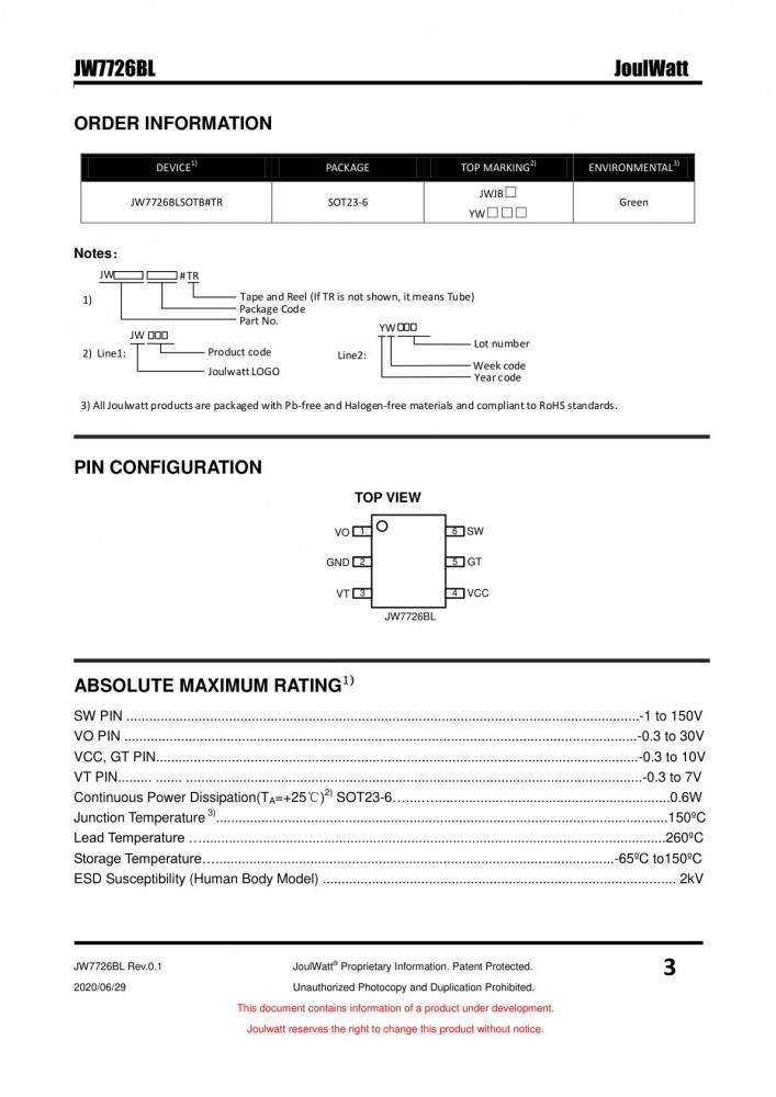 JW7726BL datasheet page 3