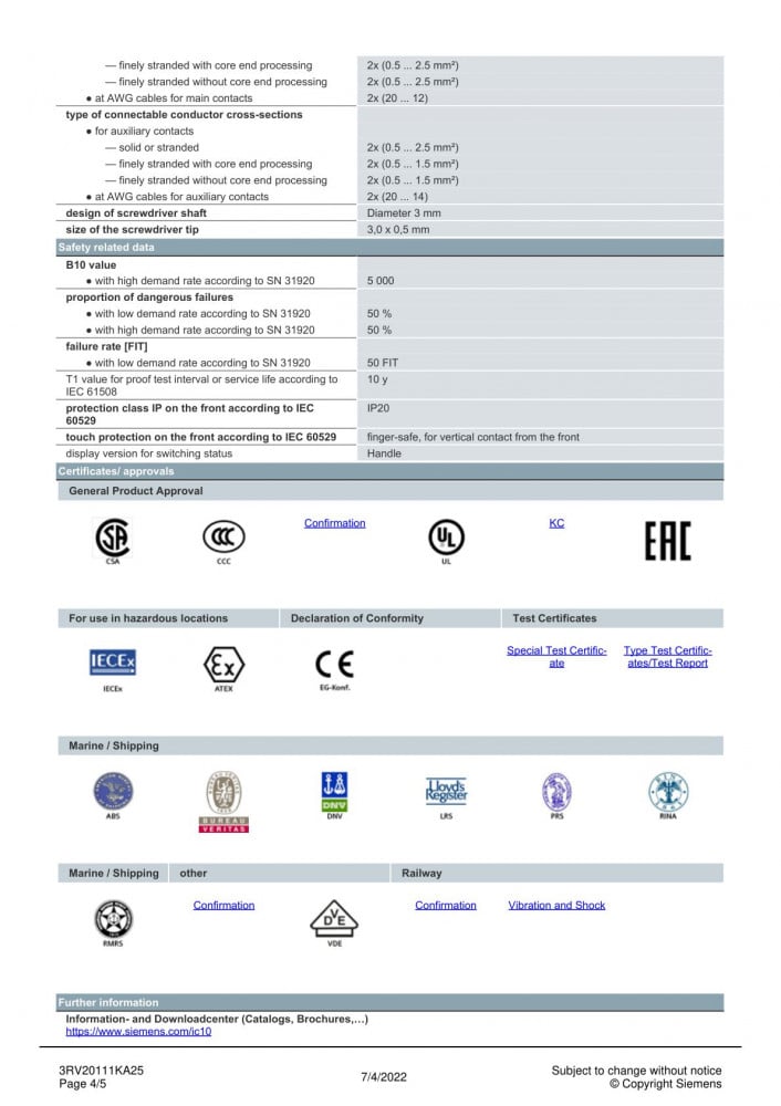 SIEMENS 3RV20111KA25 datasheet page 4