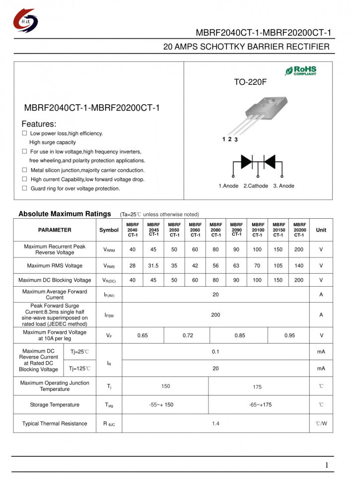MBRF20100CT-1 datasheet page 1