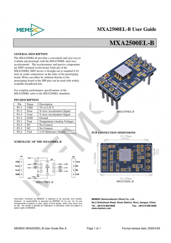 MEMSIC MXA2500EL-B technical document page