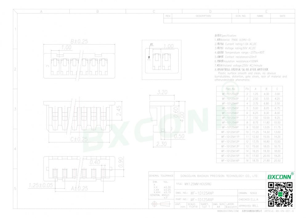 BXCONN WF-1D125A6P technical drawing and specification sheet