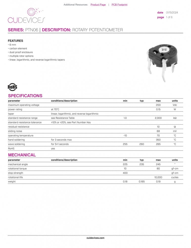CUI PTN06 datasheet page 1