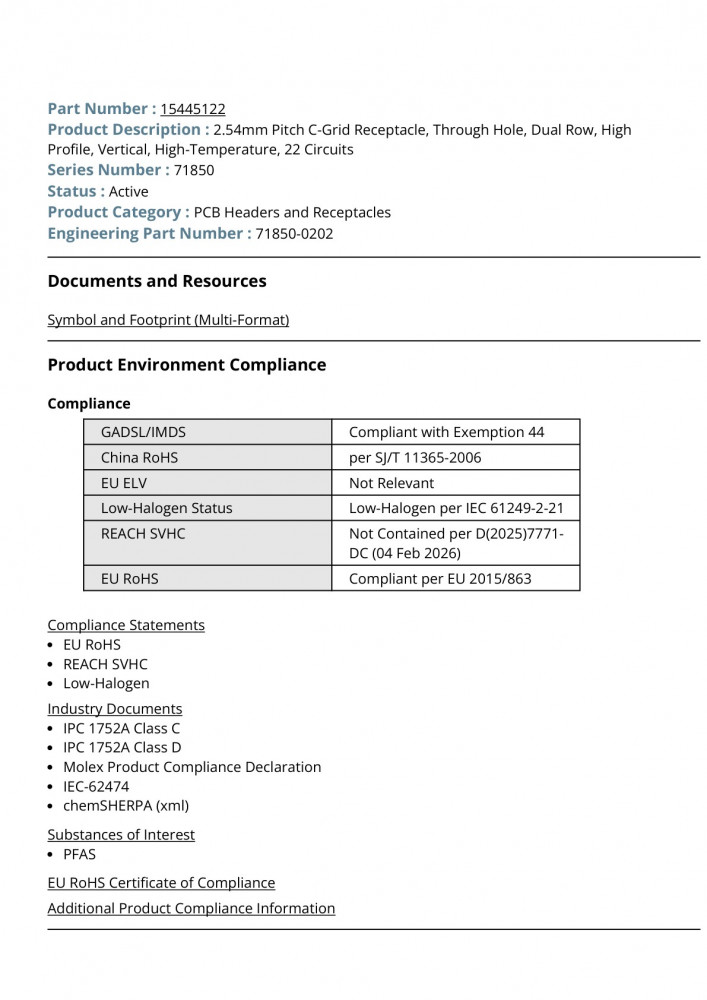 MOLEX 15445122 product document image, page 1