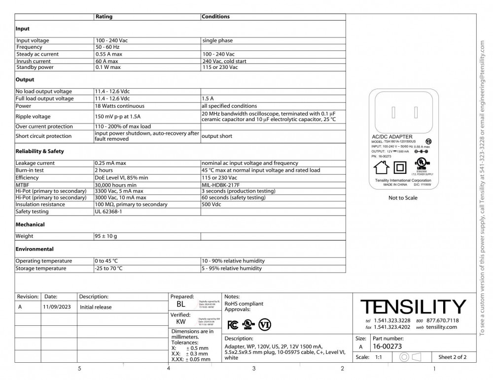 Tensility 16-00273 electrical and environmental specification page