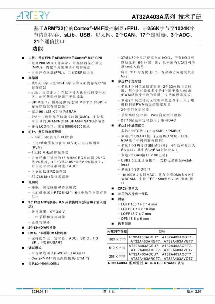 AT32A403AVGT7 technical document page 1