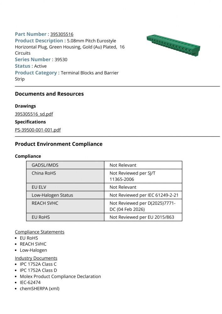 Technical document page 1 for MOLEX 395305516
