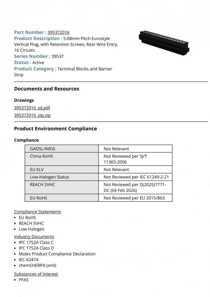 Molex 395372016 drawing page 1