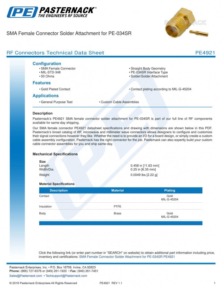 PASTERNACK PE4921 technical document page 1