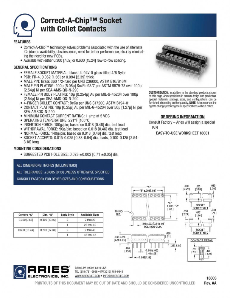 Aries Electronics 18003 product technical sheet
