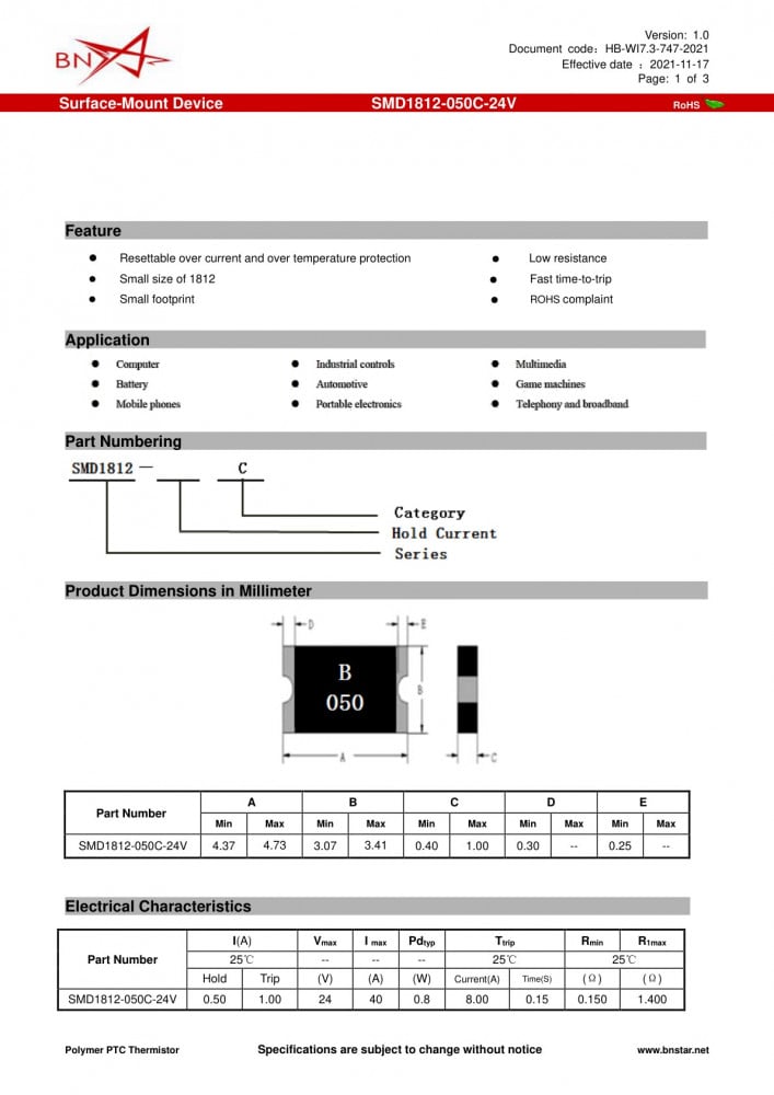 BNstar SMD1812-050C-24V datasheet page 1