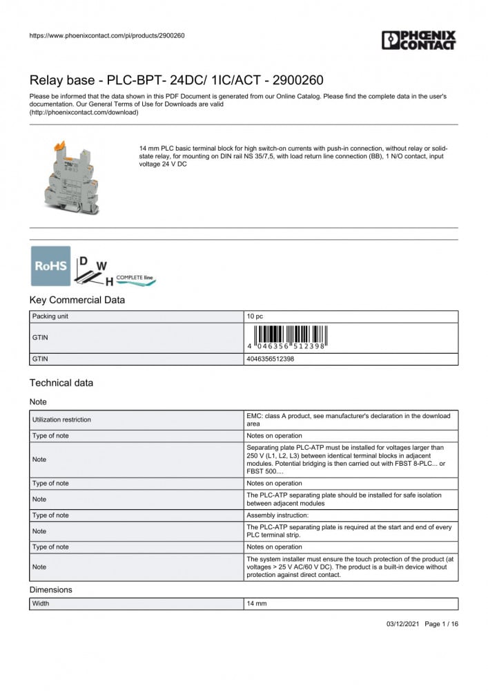 Phoenix Contact 2900260 document page 1