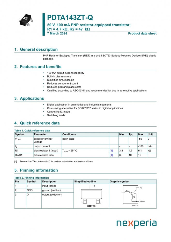 PDTA143ZT-QR datasheet page 1