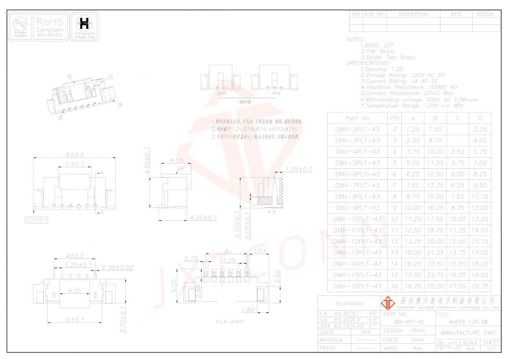 JXTCONN DMX-2PLT-43 technical drawing and specifications