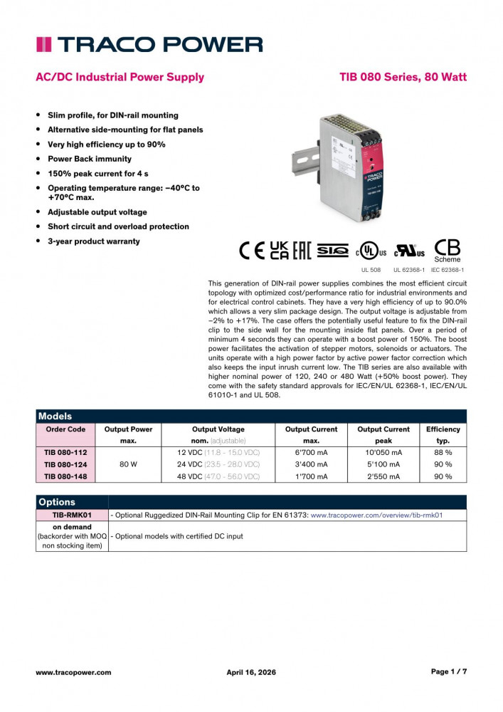 TIB 080 series datasheet page 1