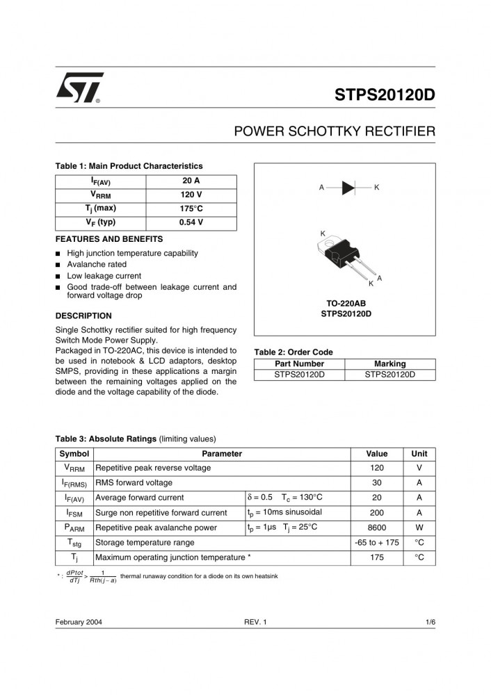 STPS20120D datasheet page 1