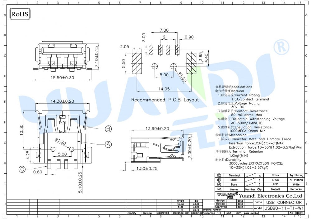 Yuandi USB90-11-T1-W1 technical document page