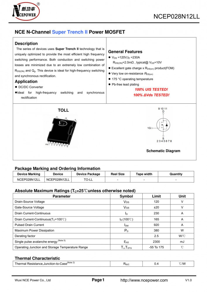 NCEP028N12LL datasheet page 1
