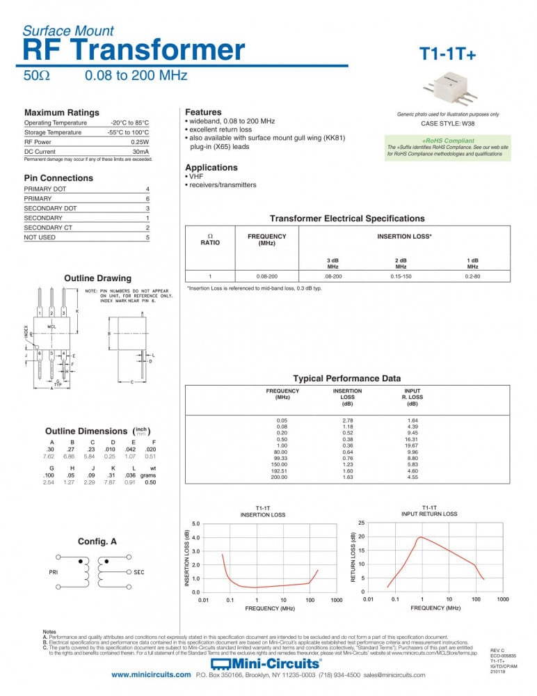 Mini-Circuits T1-1T+ technical document