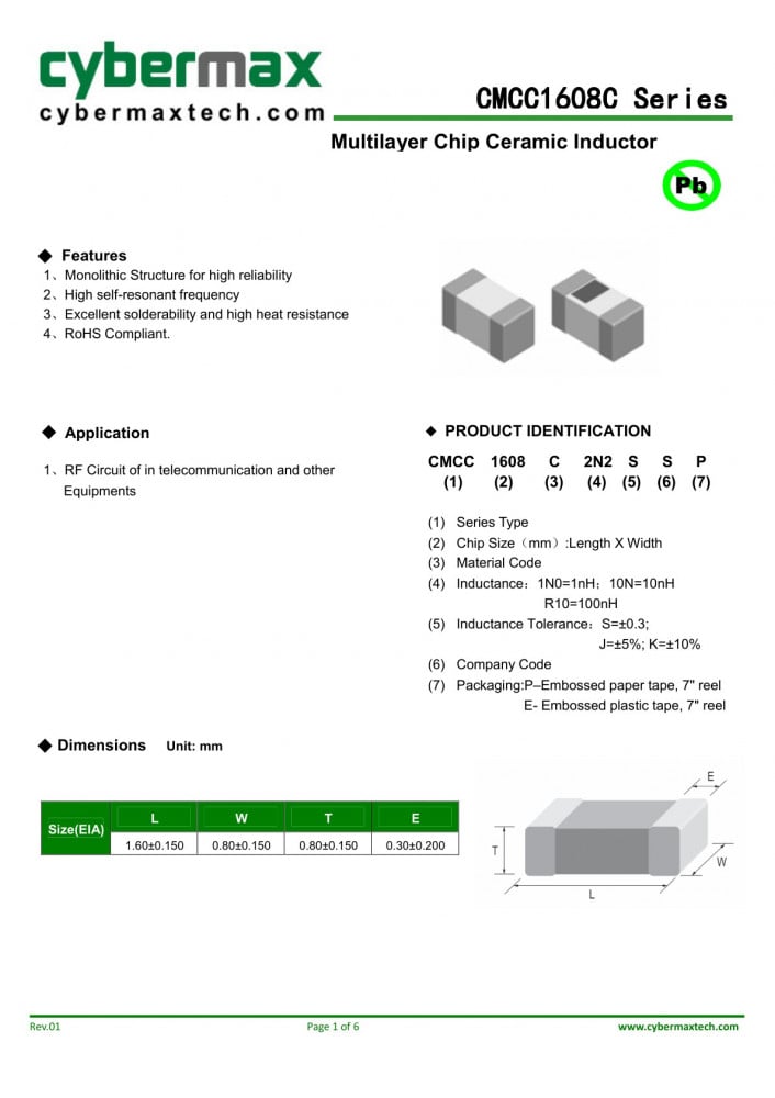 CMCC1608C6N2SSP datasheet page 1
