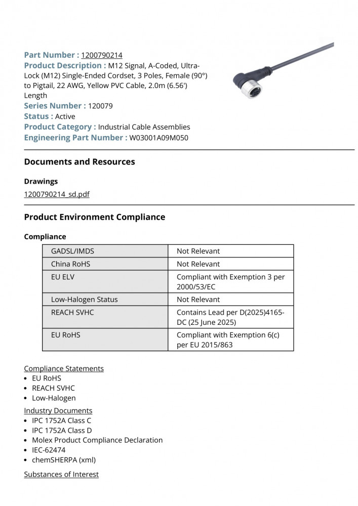 MOLEX Ultra-Lock U12 angled female plug product drawing, page 1