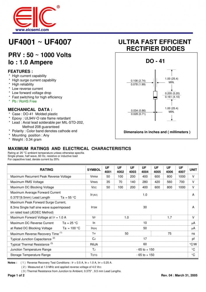EIC UF4006 datasheet page 1