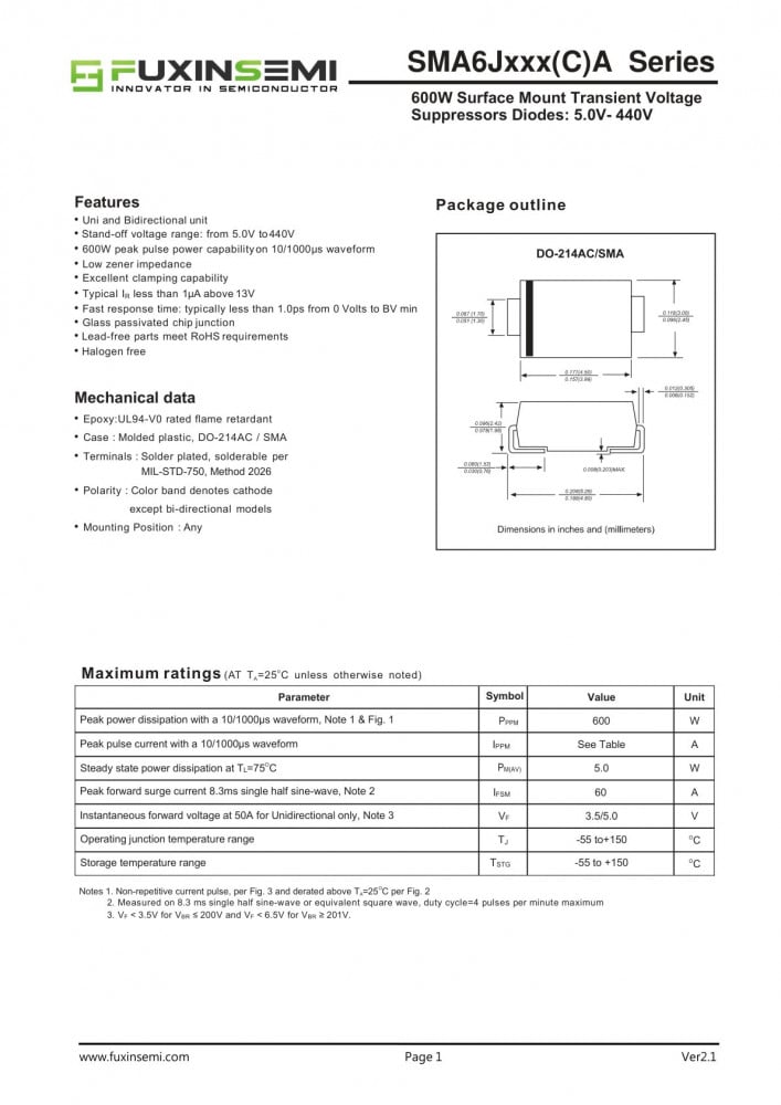 SMA6J TVS diode datasheet page 1