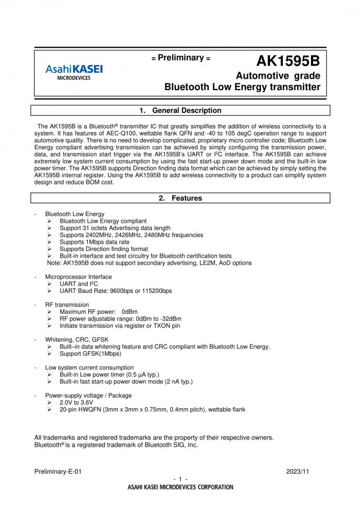 AK1595B technical document page 1