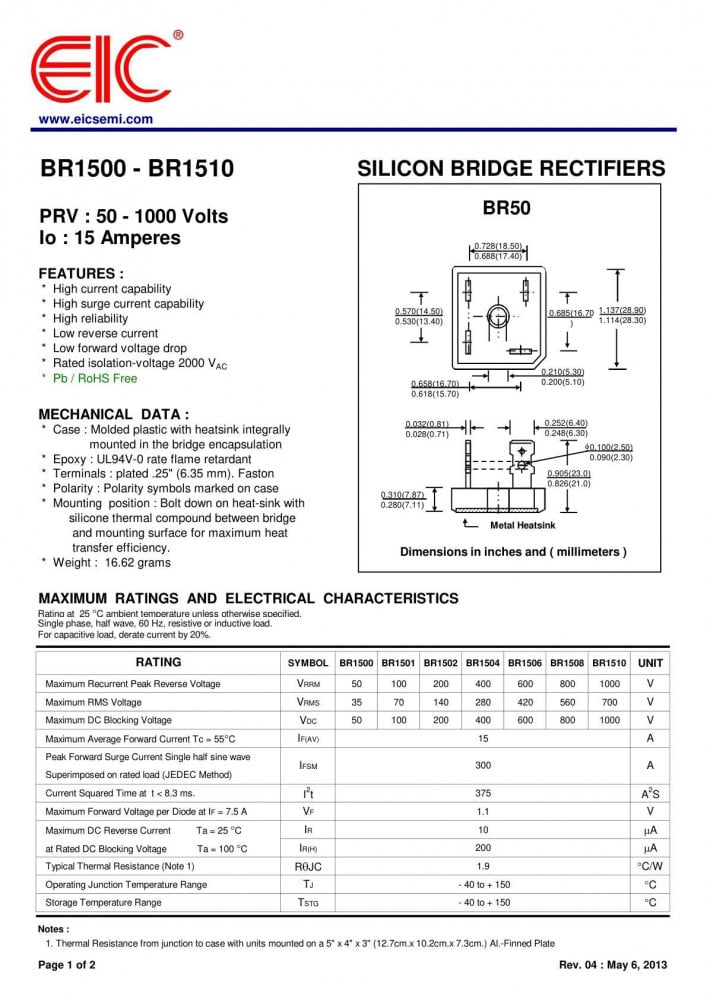 EIC BR1504 datasheet page one