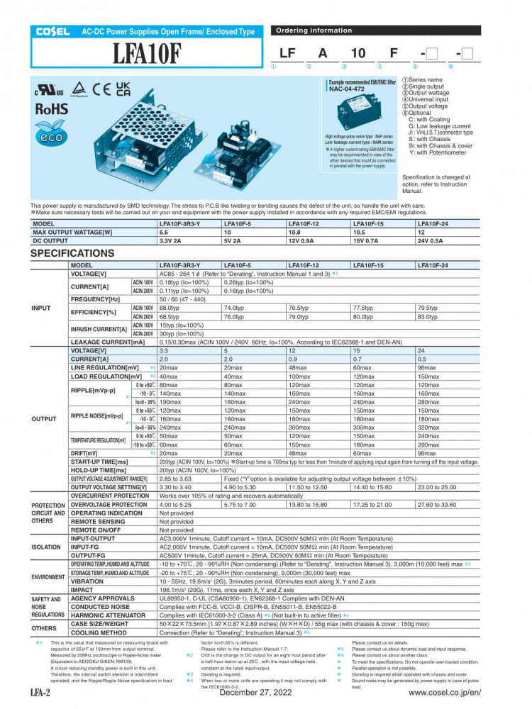 Cosel LFA series datasheet page 2