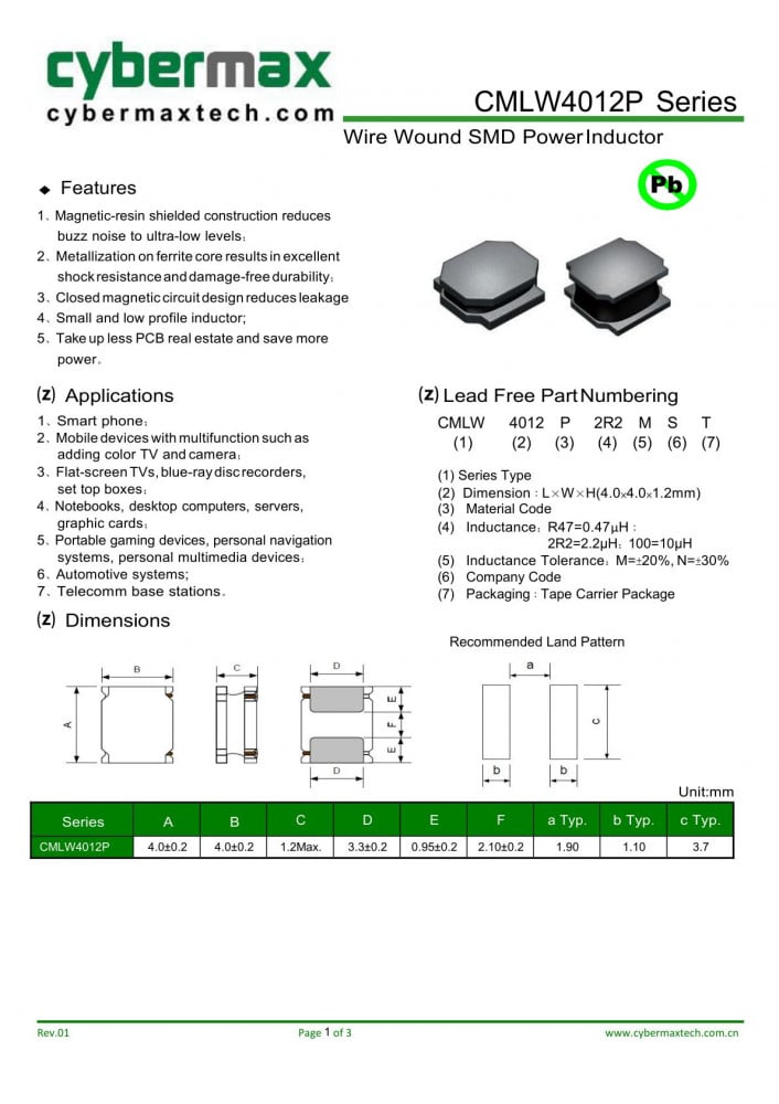 Cybermax CMLW4012P series datasheet page 1