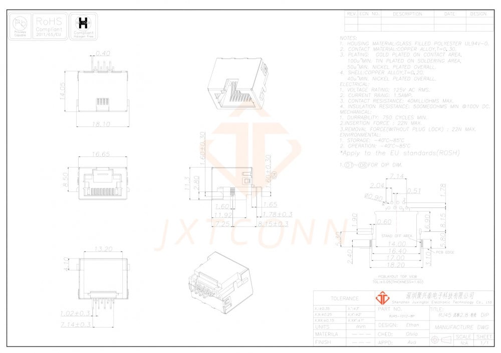 JXTCONN RJ45-1012-8P technical drawing