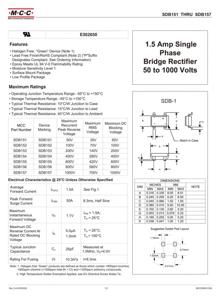 MCC SDB151-TP datasheet page 1