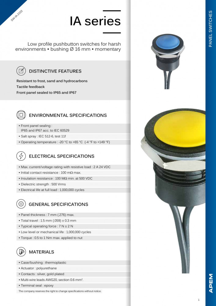 APEM IA series datasheet page 1
