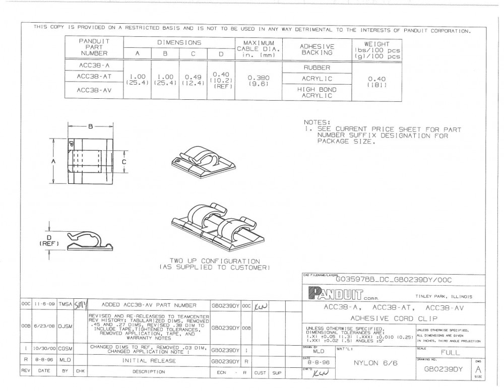 ACC38-A family adhesive cord clip dimensional drawing
