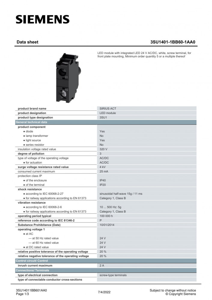 Technical document image 1 for the 3SU1401-1BB60-1AA0 LED module