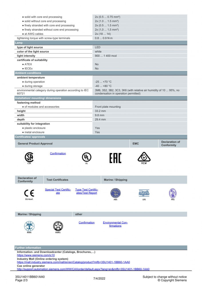 Technical document image 2 for the 3SU1401-1BB60-1AA0 LED module