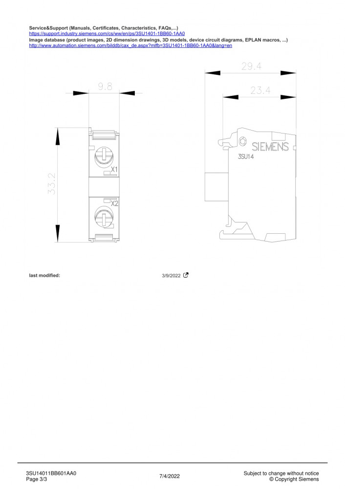 Technical document image 3 for the 3SU1401-1BB60-1AA0 LED module