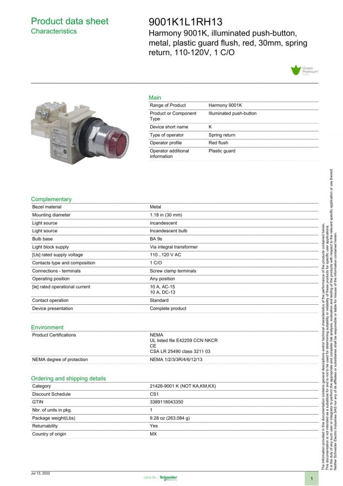 9001K1L1RH13 technical document page 1