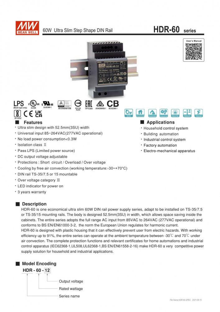 MEAN WELL HDR-60-12 datasheet page 1