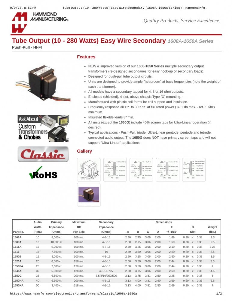 Hammond 1650G technical document page 1