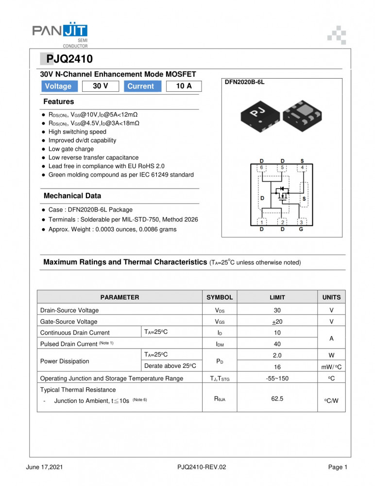 PJQ2410 datasheet page 1
