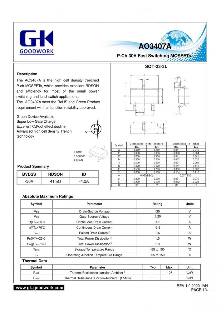 AO3407A datasheet page 1