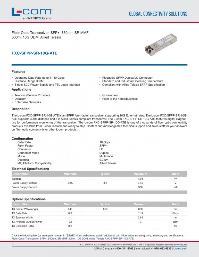 FXC-SFPP-SR-10G-ATE datasheet page 1